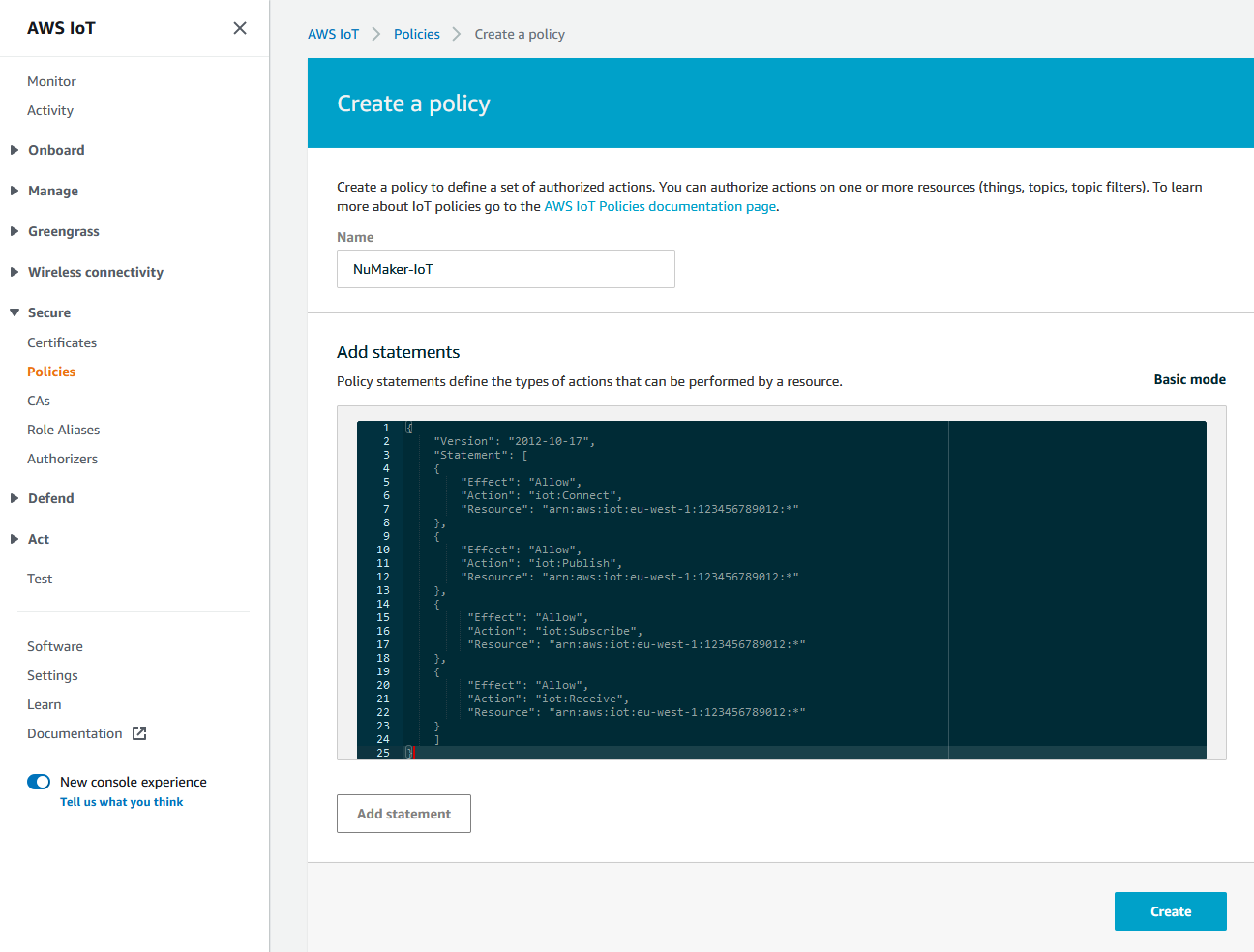 Configuring AWS IoT for Device Connections - Ineltek Docs